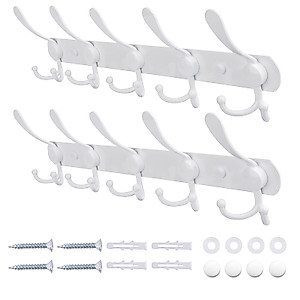 Qihtldsy Coat Rack Wall Mount, Stainless Steel Coat Hooks, 5 Tri Hooks, Heavy Duty Hook Rail for Coat Hat Towel Bag Purse Robes Bedroom Kitchen Bathroom Entryway, White