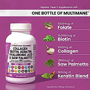 Collagen Pills 1000mg Biotin 10000mcg Keratin Saw Palmetto 2500mg Hyaluronic Acid - Hair Skin and Nails Vitamins and DHT Blocker with Vitamin E Folic Acid Pumpkin Seed MSM Made in USA - 90 Count