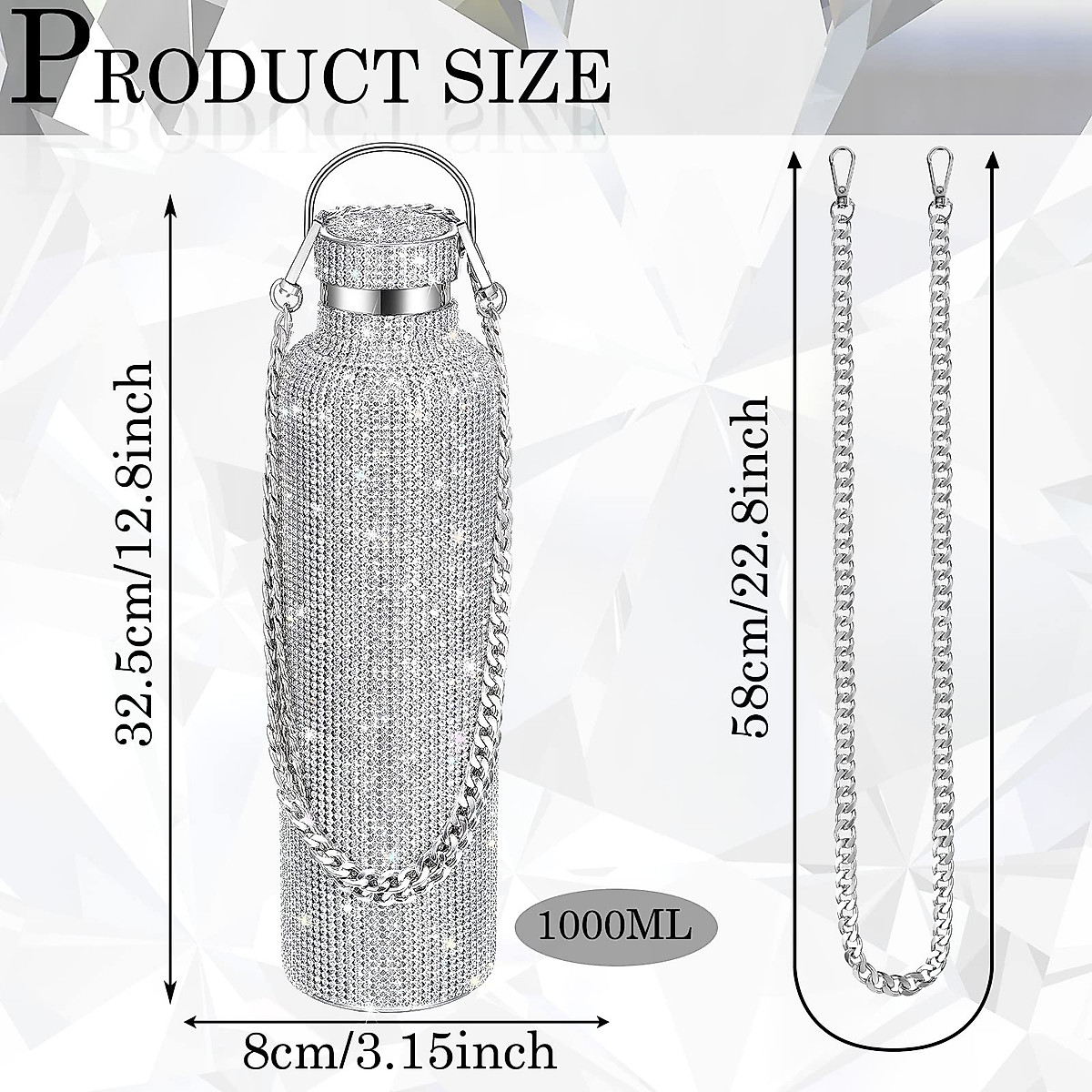 Diamond Water Bottle Bling Rhinestone Stainless Steel Thermal Bottle Refillable Water Bottle Insulated Water Bottle Glitter Water Bottle with Chain for Women Girls Gifts (Light Silver, 1000 ml)
