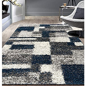 Rugshop Distressed Modern Boxes Plush Shag Area Rug 7'10" x 10' Navy