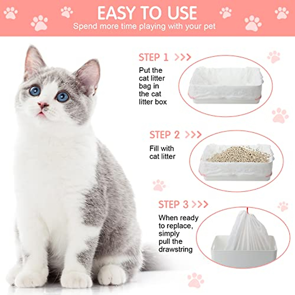 Thenshop 60 Count Litter Box Liners 36'' x 18'' Jumbo Cat Pan Liners Drawstring Cat Supplies Extra Large Disposable Cat Litter Bags Cat Box Liners for Trash Waste Easy Cleaning Litterbox Tidy()
