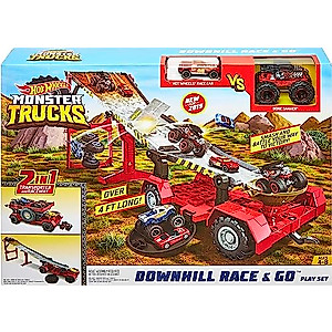 Hot Wheels Monster Trucks Down Hill Race & Go Playset with 1:64 Scale Bone Shaker Toy Truck & 1:64 Scale Toy Car