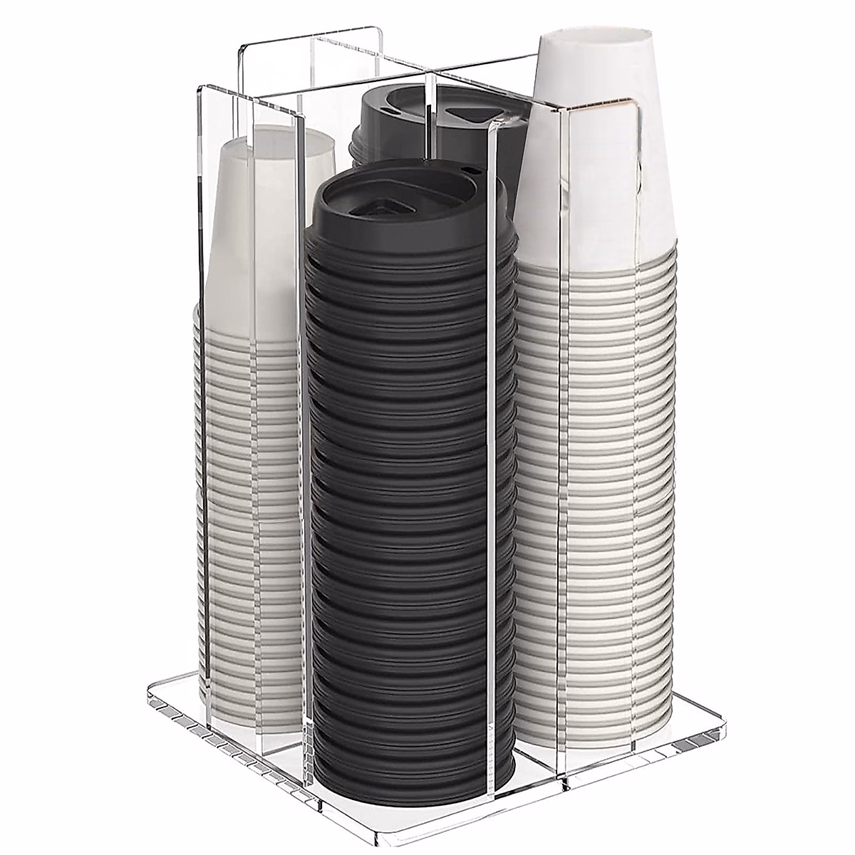 Tirifer Cup and Lid Holder, Coffee Cup Dispenser, Acrylic Cup Storage Organizer, Disposable Paper Cup Storage Holder with 4 Compartments for Countertop Coffee Station Bar Restaurant, Clear