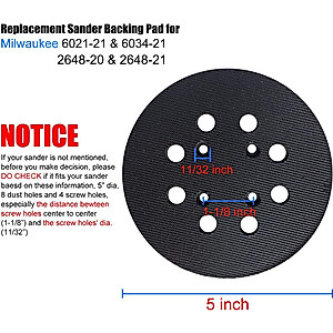 Standard 5" Hook and Loop Replacement Sander Pad for Milwaukee 2648-20 & 2648-21 Random Orbit Sanders - with Extra Hard Backing