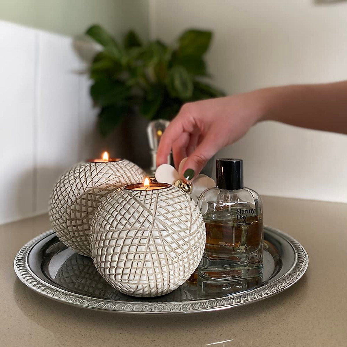 Luca Orb Candle Holders (Gift Boxed Set of 2), Table Centerpieces for Dining or Living Room, Spa, Bathroom, Kitchen Counter, Mantle or Coffee Table Decor (Grid Pattern, Beige and White)