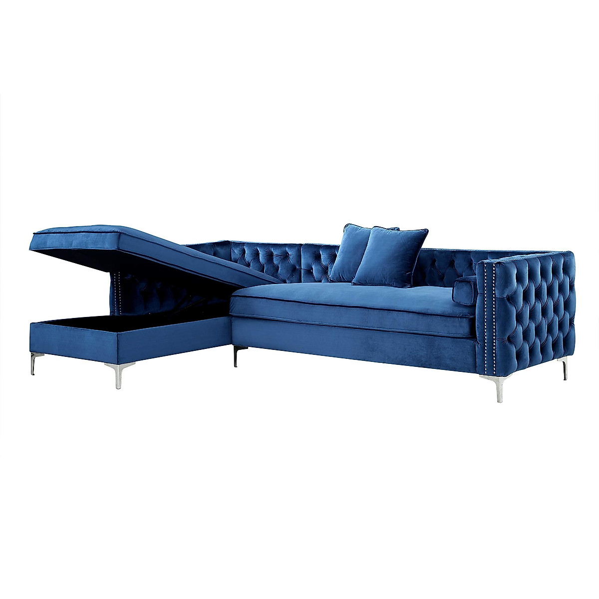 Inspired Home Navy Chaise Sectional Sofa - Design: Giovanni | 115" Left Facing | Velvet | Storage | Metal Legs | Tufted Design