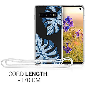kwmobile Crossbody Case Compatible with Samsung Galaxy S10 Case Strap - Tropical Leaves Light Blue/Dark Blue/Transparent