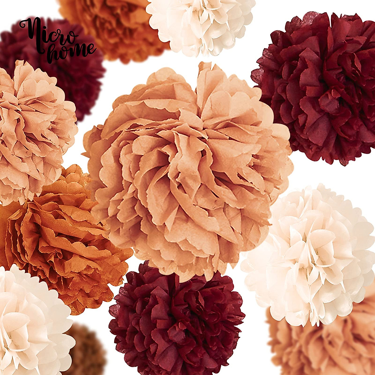 NICROHOME 12 PCS Wedding Party Decorations - Carmine, Rust Orange, Light Brown Tissue Paper Pom Poms for Rustic Wedding, Retro Parties, Baby Shower, Birthday,Thanksgiving