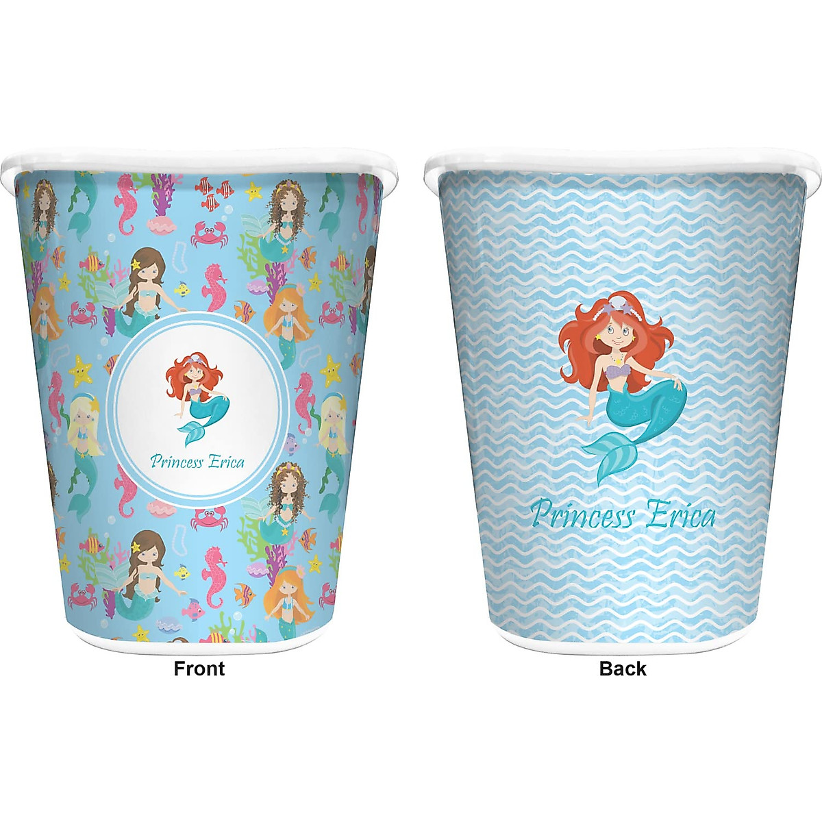 RNK Shops Personalized Mermaids Waste Basket - Double Sided (White)