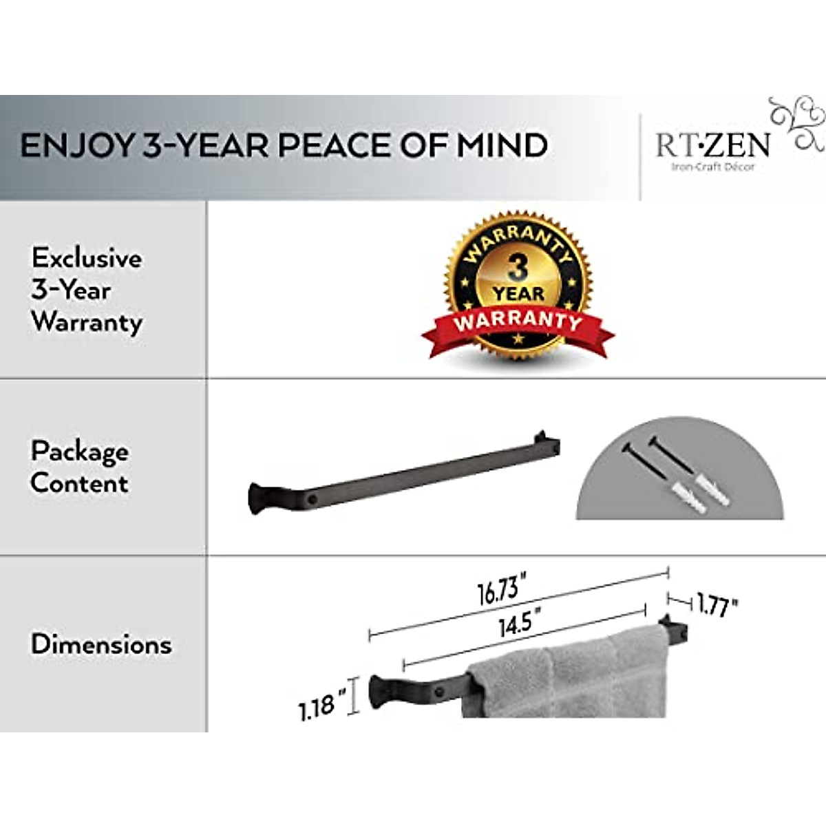 RTZEN Farmhouse Towel Rack for Bathroom - Handcrafted Wrought Iron Kitchen Towel Bar Straight Wall Mount Rod - Matte Black Towel Hanger for Home or Office - 17" Rack Fits 14" Towels (Medium)