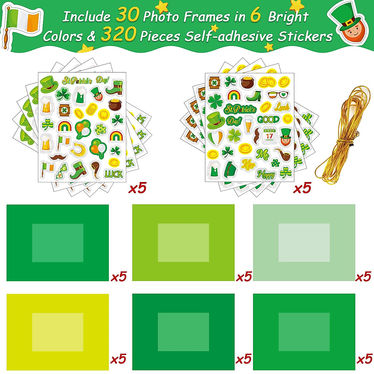 chiazllta 30 Packs St. Patricks Day Picture Frame Craft Kits for Kids St. Patricks DIY Craft Art St. Patrick Day Party Decoration Favor Home Classroom Game Activities