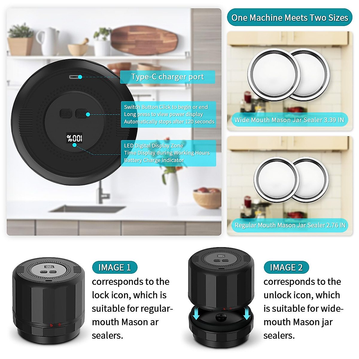 Aizilasa Electric Mason Jars Vacuum Sealer Kit for Canning Jars for Food Storage Kitchen, Includs 5 Wide & 5 Regular Mouth Mason Jar Lids & Can Opener