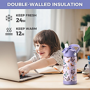 Choco Mocha Kids Water Bottle For School, Kids Insulated Water Bottle Stainless Steel, Girls Water Bottle 14Oz,Purple Unicorn
