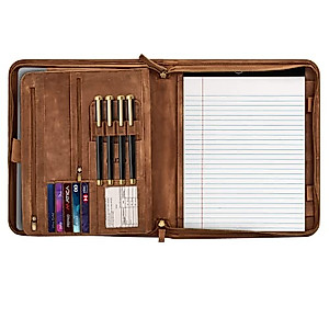 Genuine Leather Premium Portfolio Zipper Leather Portfolio Organizer Folio Leather Padfolio Portfolio Binder Portfolio Folder Leather Portfolio for Men Women Business Notebook Cover - Saddle