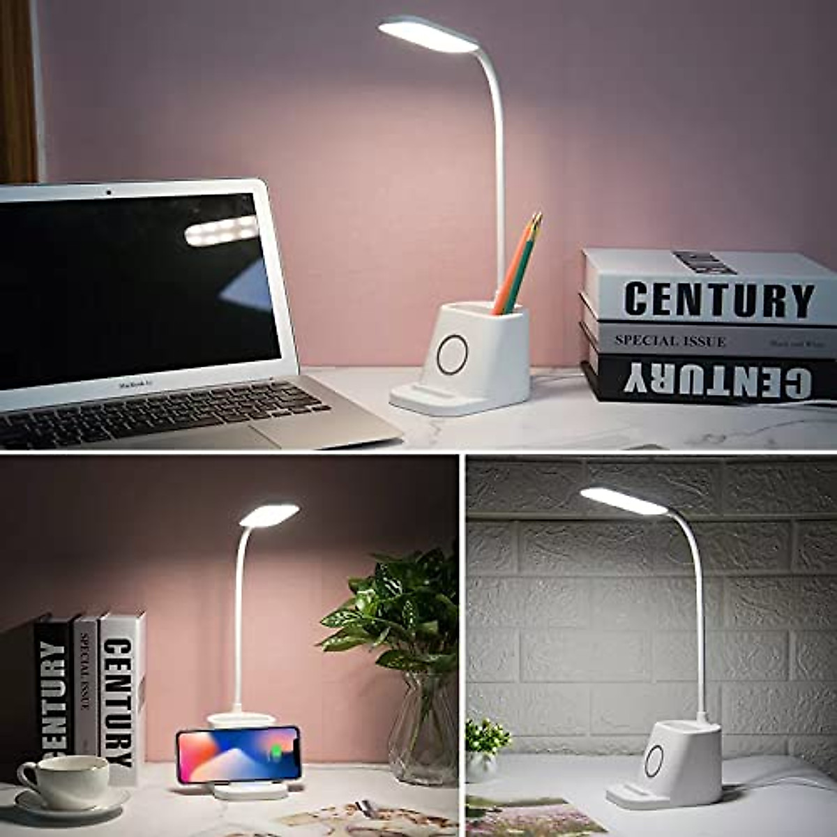 Wireless Phone Charger Table lamp with Pen Holder Minimalist led Desk lamp (White)