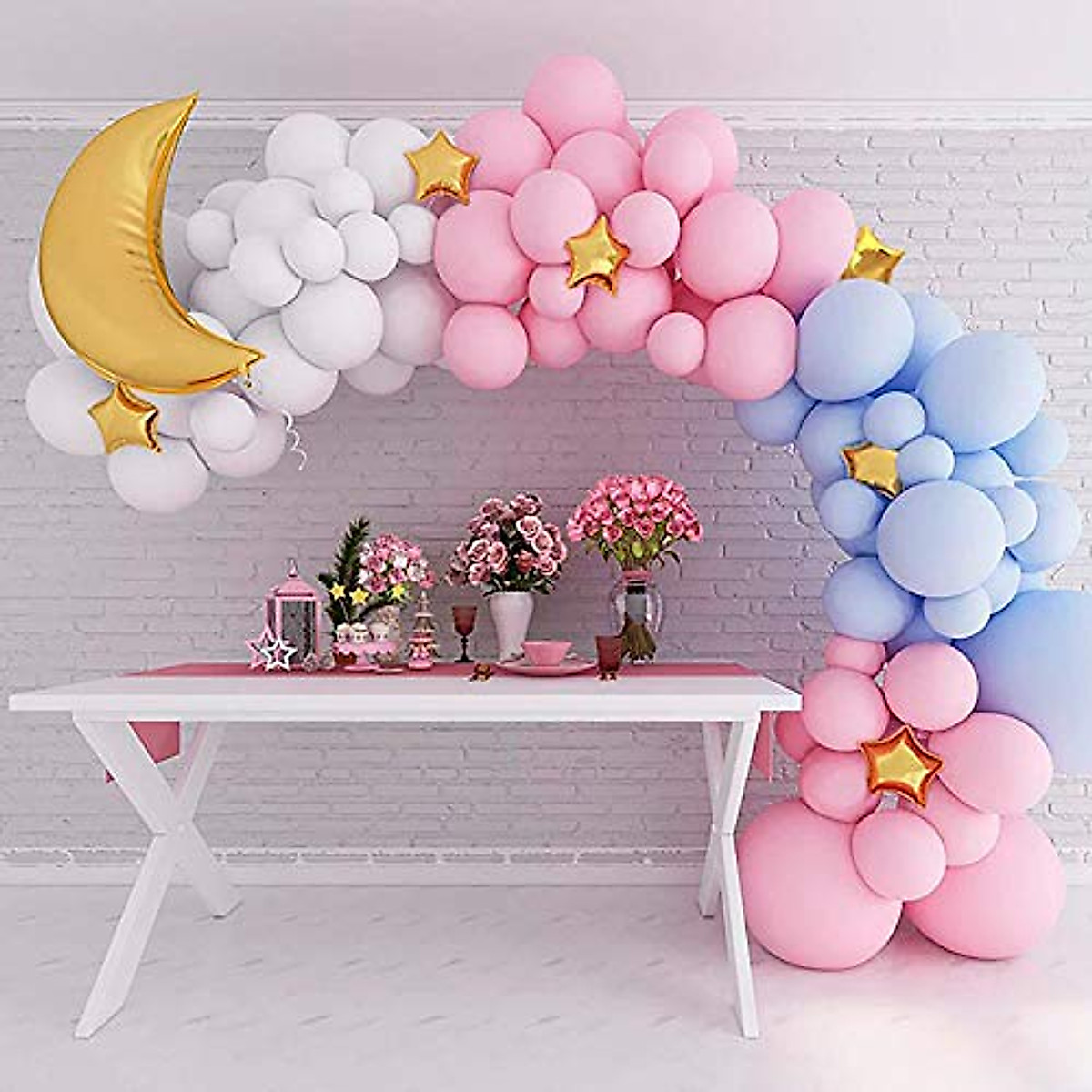 Gender Reveal Decorations Pastel Balloon Garland Arch Kits, 117PCS Blue And Pink White Gold Foil moon with twinkle twinkle little Star Gender Reveal Diy Baby Shower Balloons Party Supplies