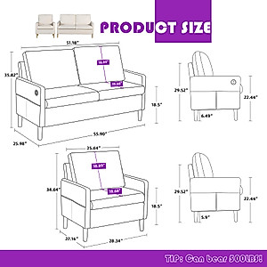 TYBOATLE Modern Living Room Sectional Sofa Sets 2 Piece, 55” W Upholstered Loveseat Couch w/ 2 USB Charging Ports and 2 Comfy Accent Arm Chairs for Small Space, Apartment, Office (Dark Grey)