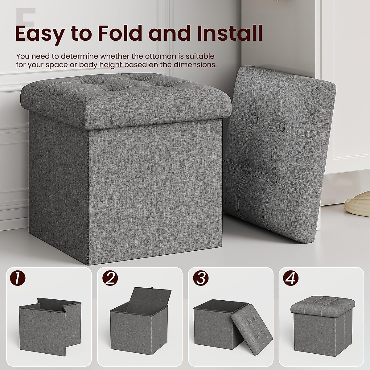 YOUDENOVA 15 inches Storage Ottoman Cube, Foldable Storage Boxes Footrest Step Stool, Padded Seat for Dorm Living Room, Support 300lbs, Line Fabric Grey