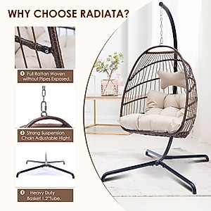 RADIATA Foldable Wicker Rattan Hanging Egg Chair with Stand, Swing Chair with Cushion and Pillow, Lounging Chair for Indoor Outdoor Bedroom Patio Garden (Brown with Cover)