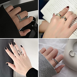 AIDSOTOU Mens Vintage Open Rings Set Frog Snake Skull Cool Punk Goth Ring for Men Women Adjustable (Silver-16 PCS)