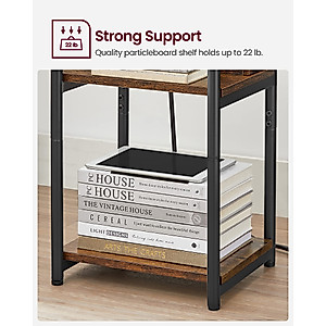 VASAGLE Side Table with Charging Station, 3-Tier End Table with USB Ports and Outlets, Nightstand for Living Room, Bedroom, 11.8 x 13.4 x 22.8 Inches, Plug-In Series, Rustic Brown and Black ULET373B01