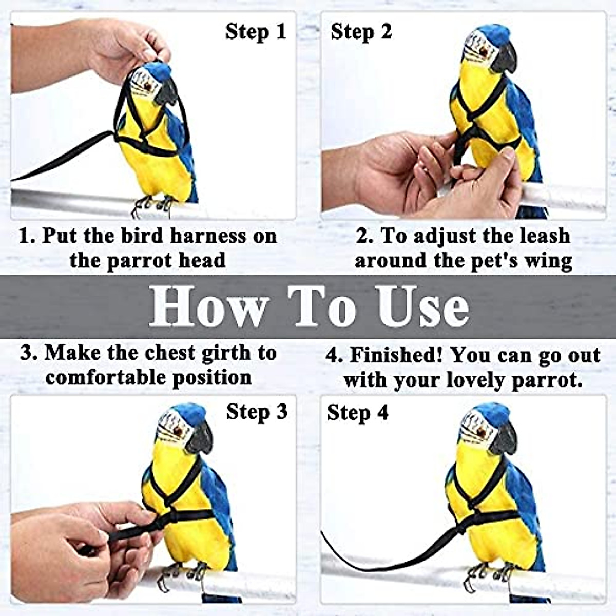ASOCEA Bird Parrot Harness Leash Adjustable Anti-Bite Flying Training Rope Pet Outdoor Traction Lead for Budgerigar Lovebird Cockatiel Mynah Small Birds - Black