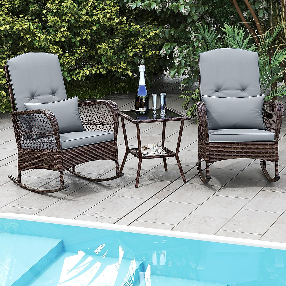 Tangkula 3 Piece Patio Rocker Set, Patiojoy Outdoor Wicker Rocking Chairs w/Double-Layer Coffee Table, Rattan Rocker Chair Set w/Seat Back Cushions & Pillows, for Porch, Backyard, Poolside (Grey)