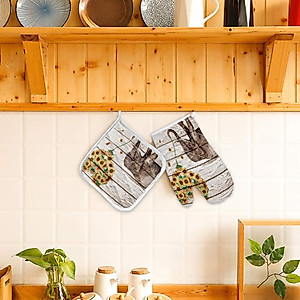 Sunflower Elephant Kitchen Oven Mitt and Pot Holder Love Heart with Sunflowers Oven Gloves and Hot Pads Heat Resistance Non-Slip Surface for Kitchen BBQ Cooking Baking Grilling, Rustic Wooden