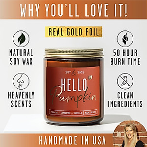 Pumpkin Spice Candle, Fall Candles - 'Hello Pumpkin' Pumpkin Candle, Autumn Scented Soy Candles for Home, Fall Scented Candles for Home, Fall Home Décor, 9oz Reusable Jar, 50Hr Burn, Made in USA