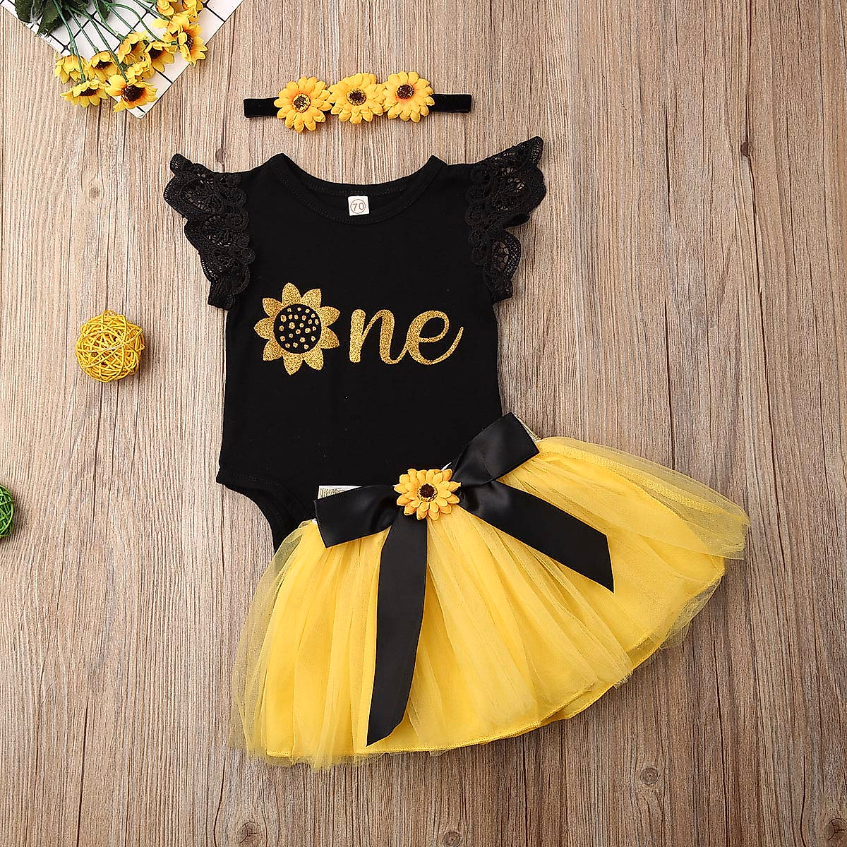 MA&BABY Newborn Girls 1st Birthday Outfit Ruffled Floral One Romper Yellow Tutu Skirt Dress First Birthday Girl Outfit (Black+Yellow, 12-18Months)