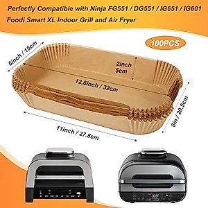 BYKITCHEN Air Fryer Liners for Ninja FG551/DG551/IG651 Foodi Smart XL Indoor Grill, Set of 100, Rectangle Air Fryer Parchment Paper Liners for Ninja XL Grill Air Fryer, Ninja Foodi Grill Accessories