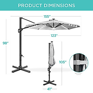 Best Choice Products 10ft Solar LED Cantilever Patio Umbrella, 360-Degree Rotation Hanging Offset Market Outdoor Sun Shade for Backyard, Deck, Poolside w/Lights, Easy Tilt, Cross Base - Fog Gray