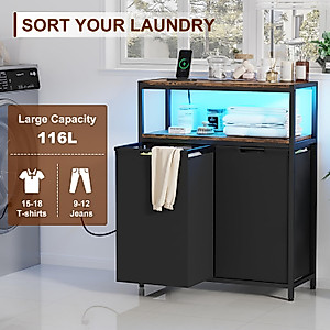 Qupui Laundry Hamper 2 Section with Shelf and LED Light, Laundry Sorter with 2 Pull Out and Removable Bags, Laundry Basket Organizer table with charging station for Laundry, Bedroom, Bathroom