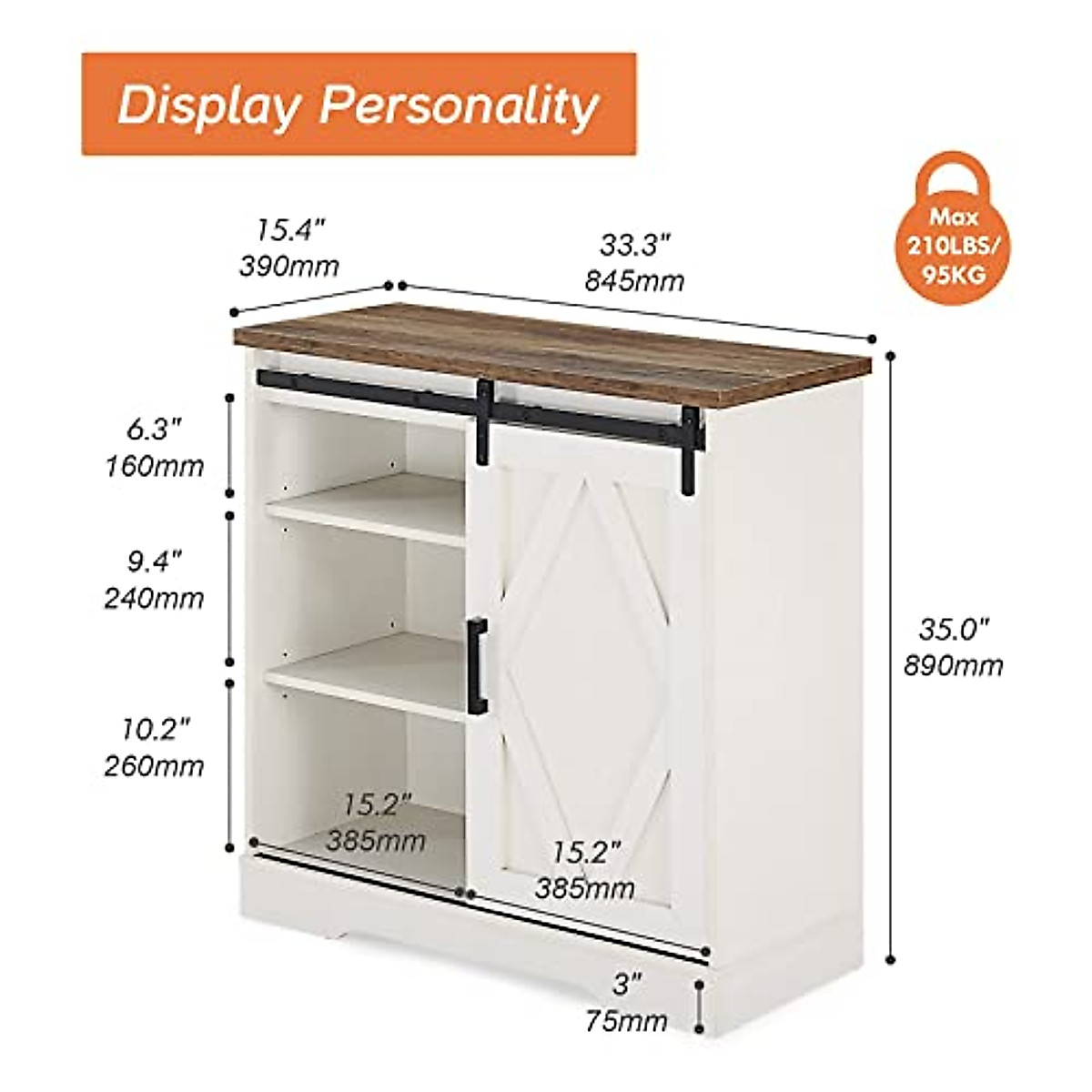 WAMPAT Rusitc Farmhouse Accent Buffet Sideboard Serving Console Cabinet Coffee Bar Entryway Table with Sliding Barn Door, Storage Shelves for Home Kitchen Bathroom, 35 inch, White