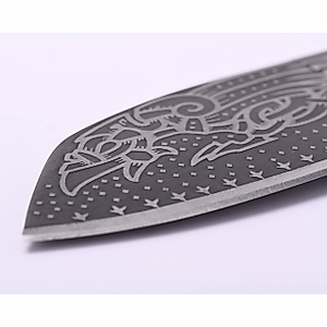 VikingsBrand Norse Viking-styled Knife - Huginn & Muninn Hand Forged Knife with Raven Engraving, Ergonomic Ash Wood Handle & Genuine Leather Sheath Holder - 4.7" Long Blade, 4.3" Handle