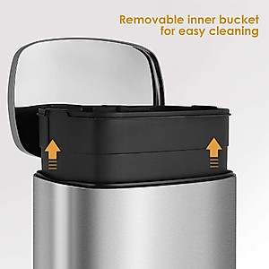 Pirecart 13.2 Gallon Trash Can, Stainless Steel Garbage Bin with Lid, Silent Gentle Open and Close Dustbin with Durable Pedal, Inner Bucket, for Kitchen Bathroom Livingroom Home Office ,Silver(50L)