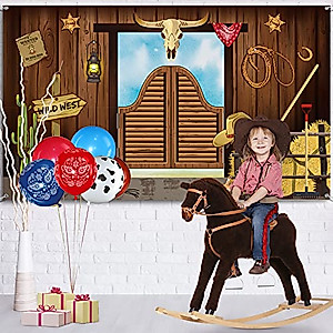 Western Cowboy Party Decoration Wild West Cowboy Photography Backdrop, Bandana Tablecloth and Western Cowboy Balloons, Western Cowboy Theme Party Supplies for Kids Birthday Baby Shower Party
