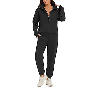 Flygo Womens Fleece 2 Piece Outfits Sweatsuit Half Zip Pullover Sweatshirt Joggers Pants Tracksuit Set (Black-M)