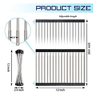 Zeanoch Dish Drying Rack Over The Sink Sink Drying Rack, Adjustable Length, Rolled Up ，Foldable，Saves Space, Fits Most Sinks, Stainless Steel Mat ,Also Great to Use with Kitchen Sink Mats (Black)