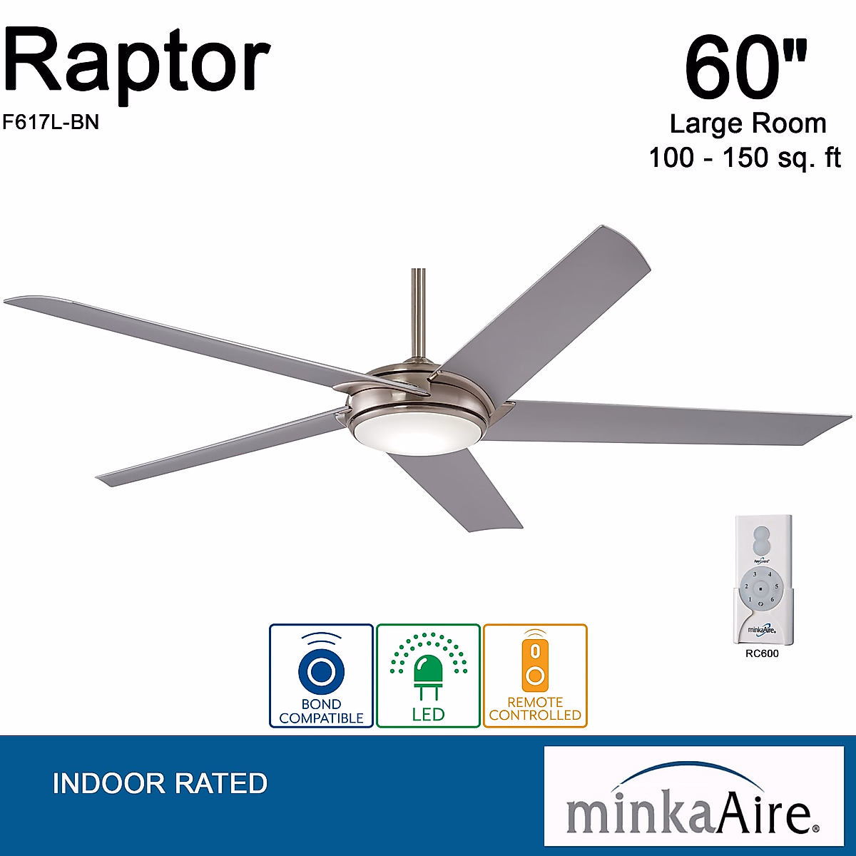 Minka-Aire F617L-BN Raptor 60 Inch LED Ceiling Fan with DC Motor and Integrated 16W LED Light in Brushed Nickel Finish