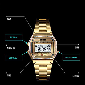 MASTOP Luxury Women Watches Full Steel Electronic LED Digital Fashion Ultra Thin Square Ladies Wrist Watches (Black) (Gold)