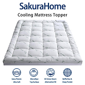 Mattress Topper Twin Size, Cooling Extra Thick Breathable Viscose Made from Bamboo Mattress pad, Soft Quilted Fitted Mattress Cover with 1000 GSM Down Alternative Fill (8-21”Deep Pocket)
