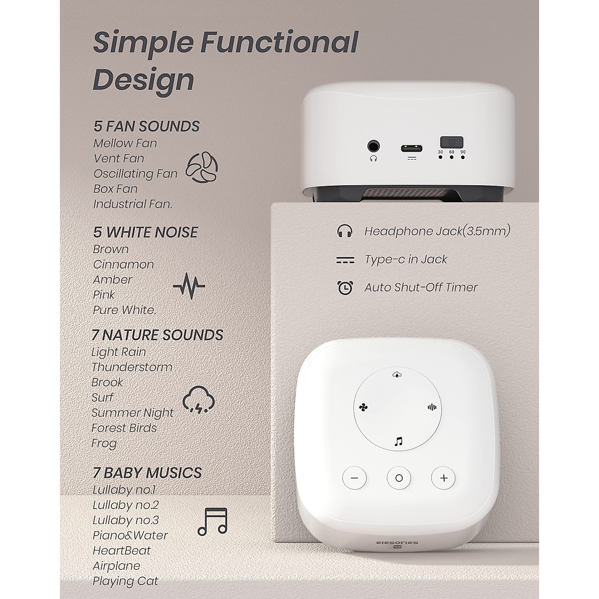 White Noise Machine, elesories Sound Machine Sleep Therapy Soother for Adults Baby Kids Sleeping, 24 Soothing Sounds Including White Noise/Fan Sounds/Nature Sounds/Lullaby for Nursery Office