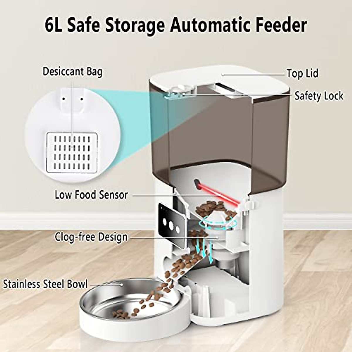 Mavpet 6L Automatic Cat Feeder, 2.4G WiFi Enabled Smart Dry Food Dispenser for Cat and Dog, Detachable Pet Feeder with Stainless Steel Bowl, APP Control, 10s Voice Recording, Up to 15 Meals Per Day