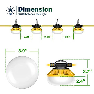 Construction Lights String Temporary Lighting - 50ft Work Light Stringer with 5 Integrated Jobsite LED Lights, 5000LM Super Bright Led Work Lights Carabiner Hooks Included-5 Lights