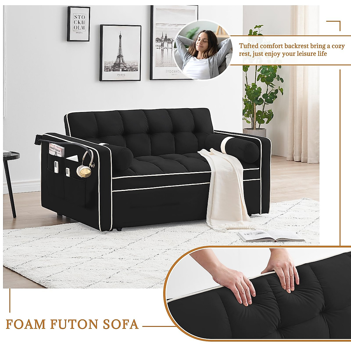 Antetek Upgraded Sleeper Sofa Couch Bed with Phone Holder, 3 in 1 Small Modern Convertible Velvet Loveseat Futon Sofa w/Pullout Bed, Adjustable Backrest for Living Room Apartment, Small Space, Black