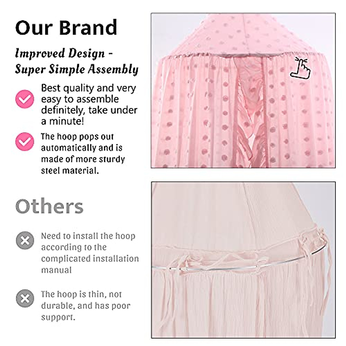 Kids Bed Canopy for Girls, Pink Crib Canopy Princess Hanging Children Canopy Tent, Toddler Girl Canopy Bed Netting for Baby Room Bedroom Reading Nook, Macrame Lace Boho Nursery Canopy with Pom Pom