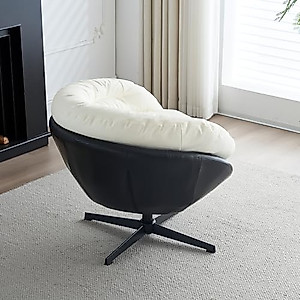 Swivel Barrel Accent Chair, Round Armchair with Wide Upholstered, 360 Degree Swivel PU Leather Club Sofa Chair for Living Room, Bedroom, Office (Cream White+Black)