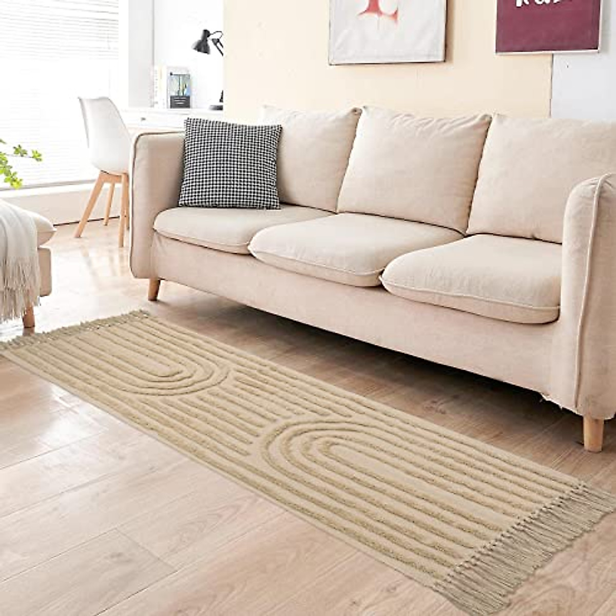 LEEVAN Boho Runner Rug 2'x6' Washable Rug Runners for Hallway Khaki, Durable Kitchen Rugs Tufted Cotton Bedroom Floor Carpet with Tassels Handmade Farmhouse Accent Rug Bohemian Living Room Rugs