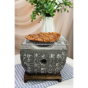 Ebros Gift Japanese Cuisine Tabletop Shichirin Konro Compact Movable Charcoal Grill BBQ Cooking Stove With Stainless Steel Wire Mesh Grill And Wooden Base For Yakitori Hibachi Yakiniku (Gray Black)